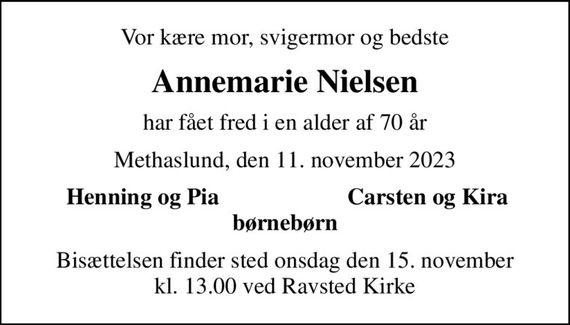 Annemarie Nielsen Dødsannoncer I Danmark