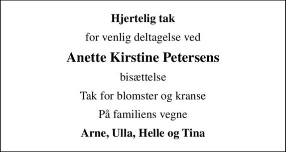 Anette Kirstine Petersen Dødsannoncer I Danmark