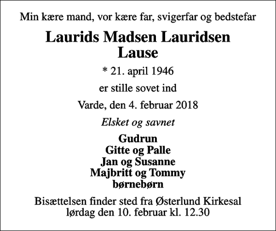 Laurids Madsen Lauridsen Dødsannoncer I Danmark