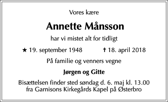 Inge Annette Månsson Dødsannoncer I Danmark