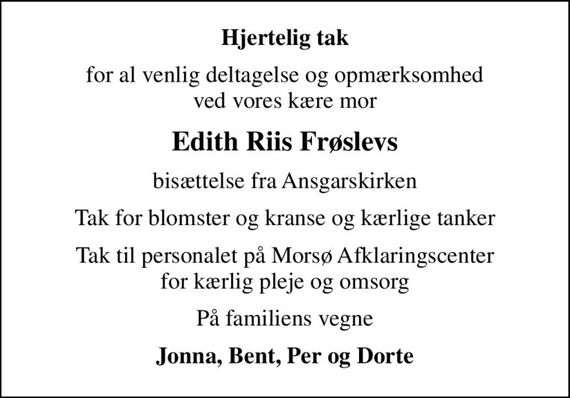 Edith Riis Frøslev Dødsannoncer I Danmark