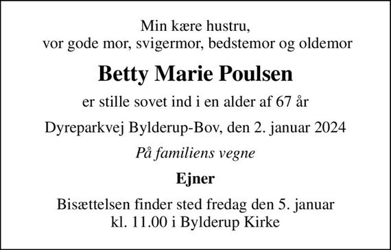 Betty Marie Poulsen Dødsannoncer I Danmark