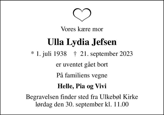 Ulla Lydia Jefsen Dødsannoncer I Danmark