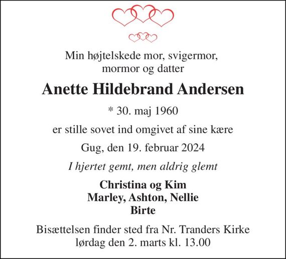 Anette Hildebrand Andersen Dødsannoncer I Danmark