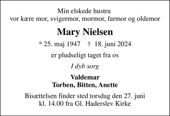 Mary Nielsen Dødsannoncer I Danmark