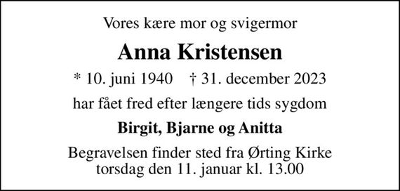 Anna Kristensen Dødsannoncer I Danmark