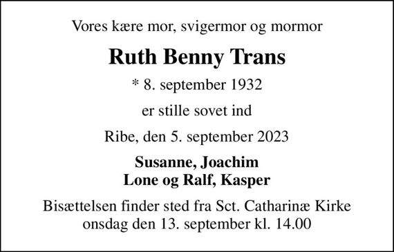 Ruth Benny Trans Dødsannoncer I Danmark