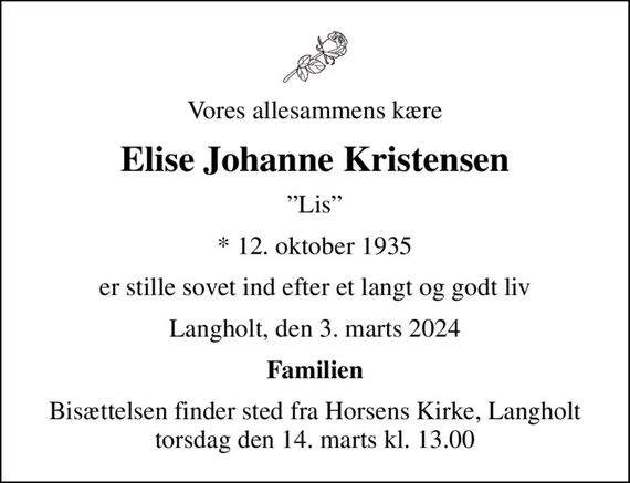 Elise Johanne Kristensen Dødsannoncer I Danmark