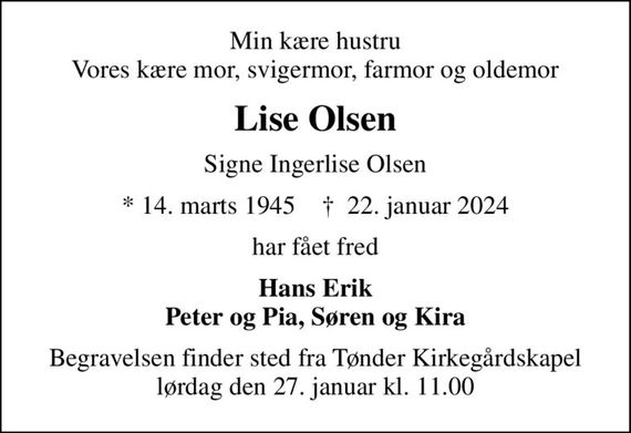 Signe Ingerlise Olsen Dødsannoncer I Danmark