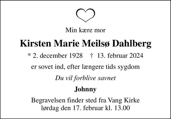 Kirsten Marie Meilsø Dahlberg Dødsannoncer I Danmark