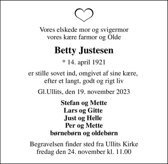 Betty Justesen Dødsannoncer I Danmark