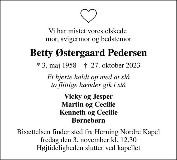 Betty Østergaard Pedersen Dødsannoncer I Danmark