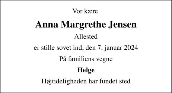 Anna Margrethe Jensen Dødsannoncer I Danmark