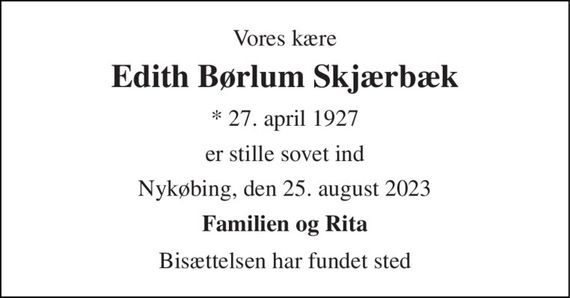 Edith Børlum Skjærbæk Dødsannoncer I Danmark