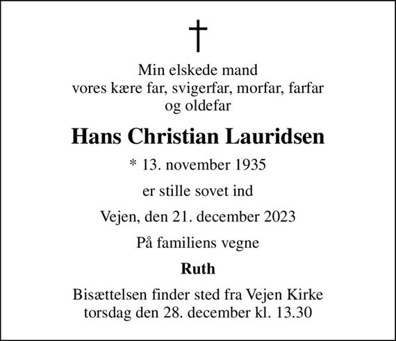 Hans Christian Lauridsen Dødsannoncer I Danmark