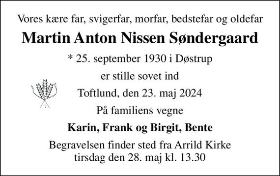 Martin Anton Nissen Søndergaard Dødsannoncer I Danmark