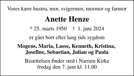 Anette Henze Dødsannoncer I Danmark