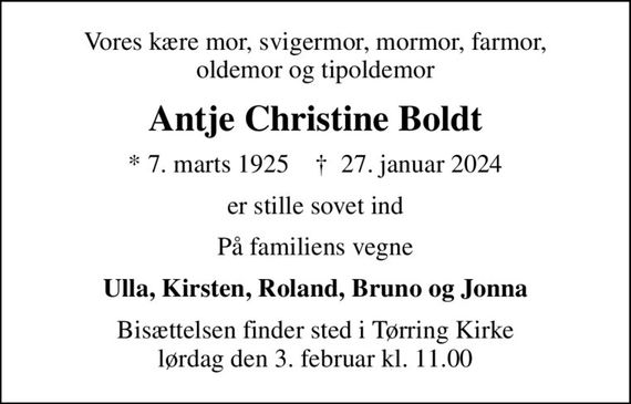 Antje Christine Boldt Dødsannoncer I Danmark