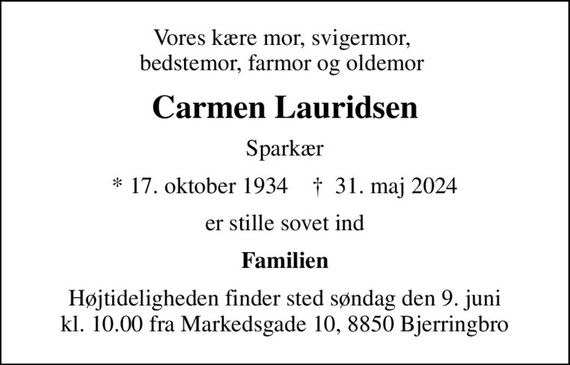 Carmen Lauridsen Dødsannoncer I Danmark