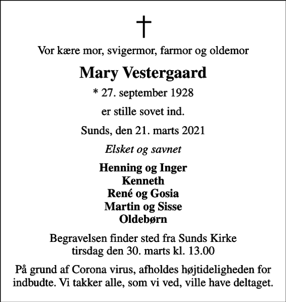 Mary Vestergaard Dødsannoncer I Danmark