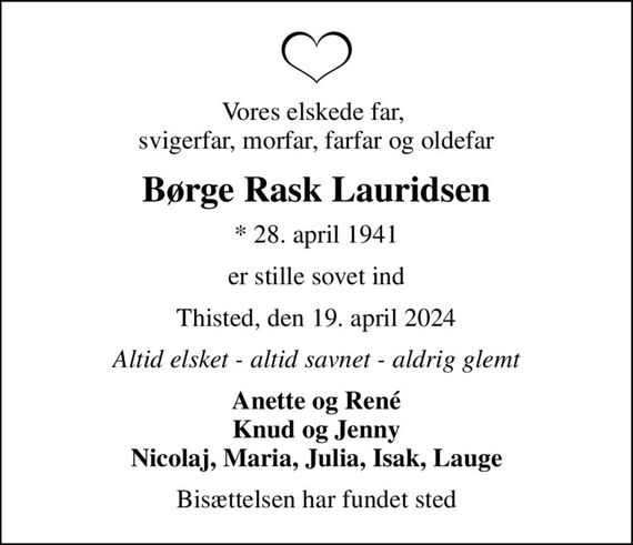 Børge Rask Lauridsen Dødsannoncer I Danmark