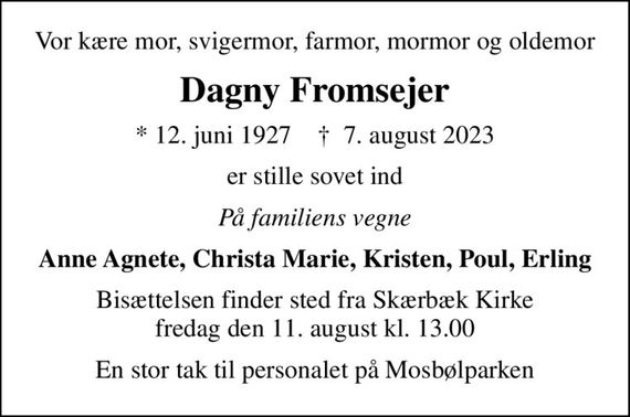 Dagny Fromsejer Dødsannoncer I Danmark