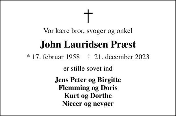 John Lauridsen Præst Dødsannoncer I Danmark