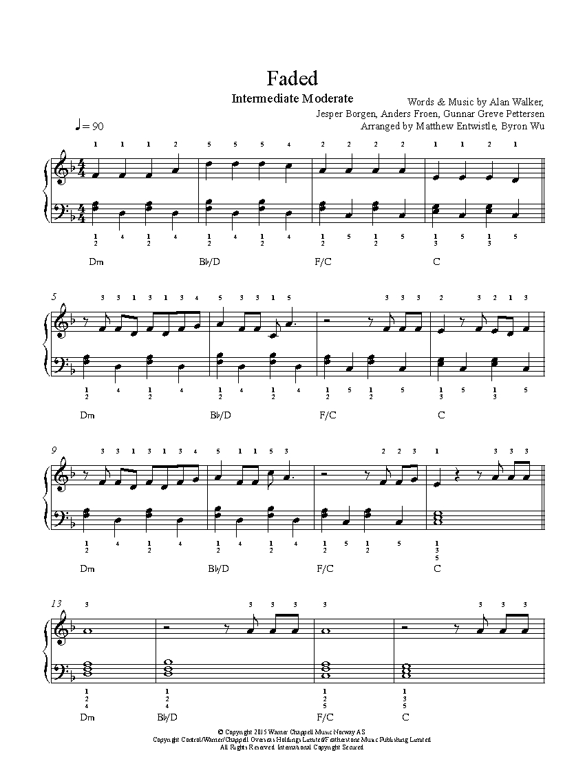 Faded By Alan Walker Piano Sheet Music Intermediate Level