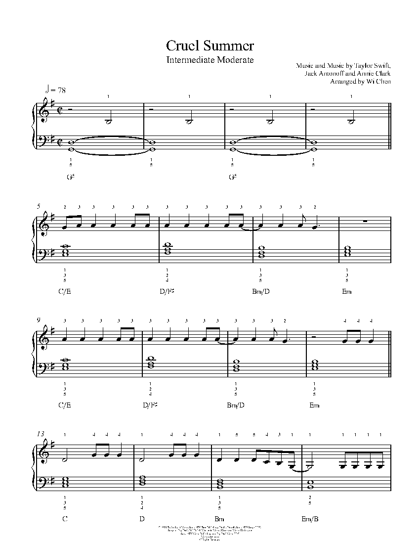 Cruel Summer By Taylor Swift Sheet Music And Lesson Intermediate Level