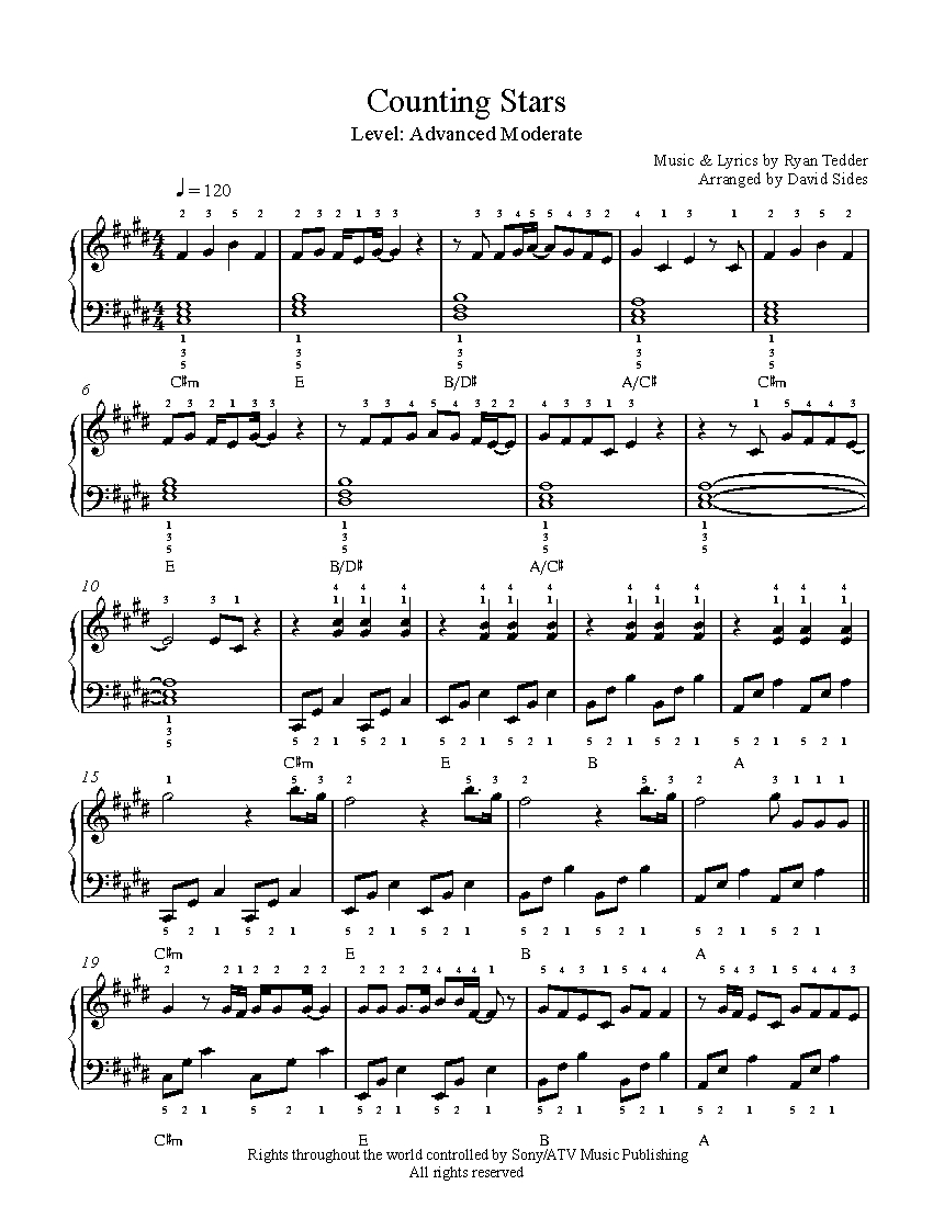 Counting Stars Sheet Music For Piano Solo 46 Off