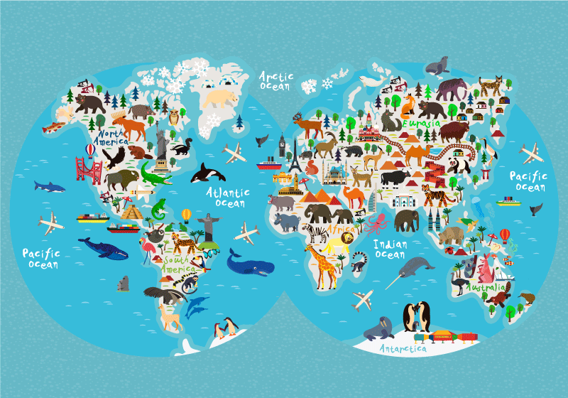 Poster Mural Carte Du Monde Animaux Tenstickers