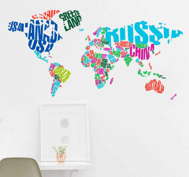 Colourful World Map With Country Text Sticker Tenstickers