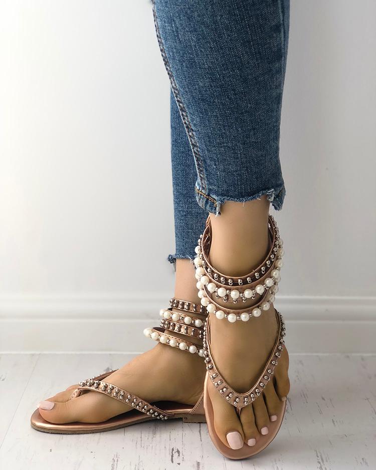 Stylish Beading Embellished Ankle Strap Flip Flop Sandals Online