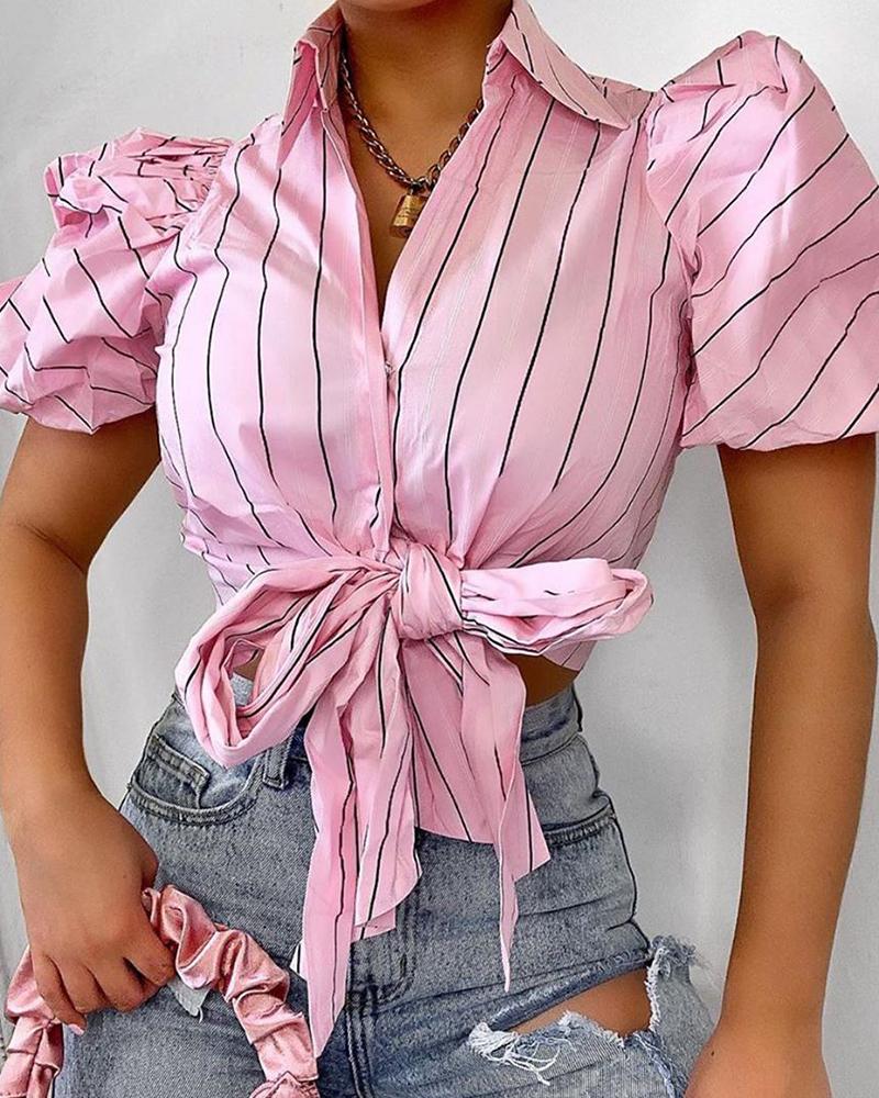 Striped Tie Front Puff Sleeve Blouse Online Discover Hottest Trend