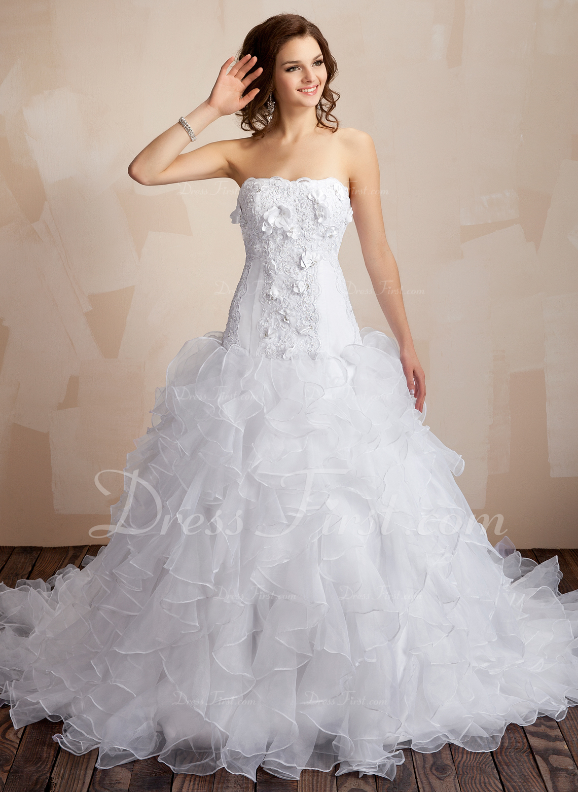 Ball Gown Sweetheart Chapel Train Satin Organza Wedding Dress With Lace