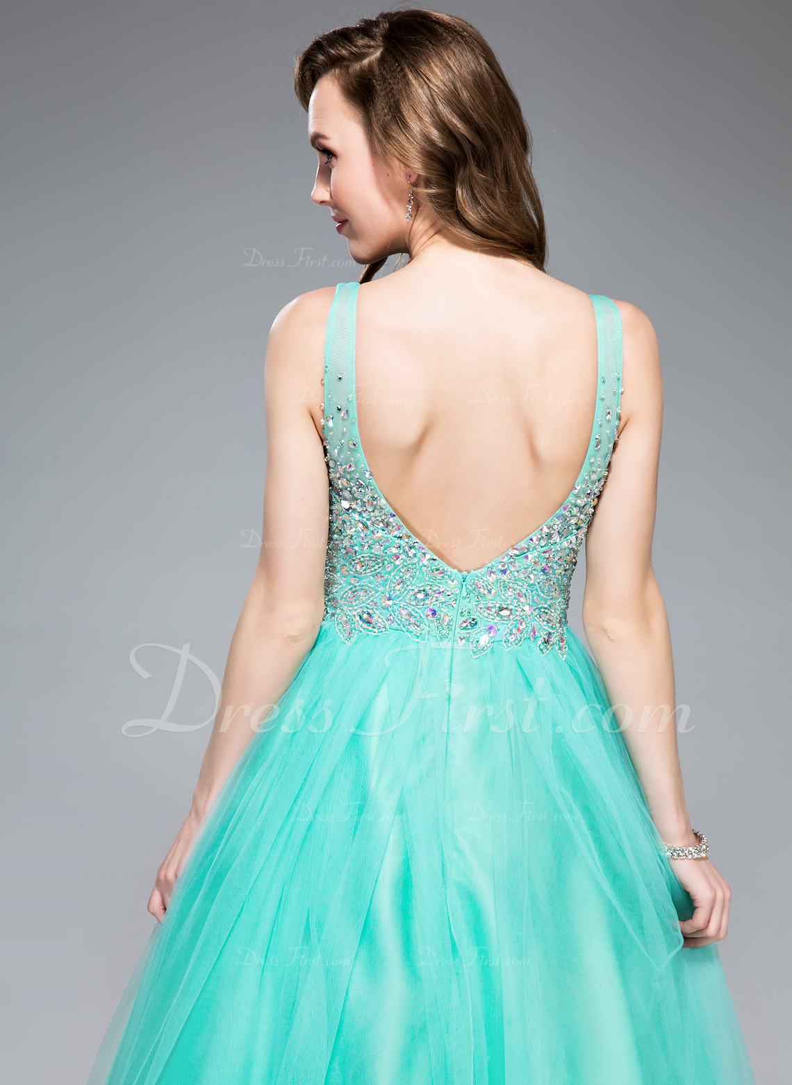 Ball Gown V Neck Floor Length Tulle Prom Dresses With Beading Sequins