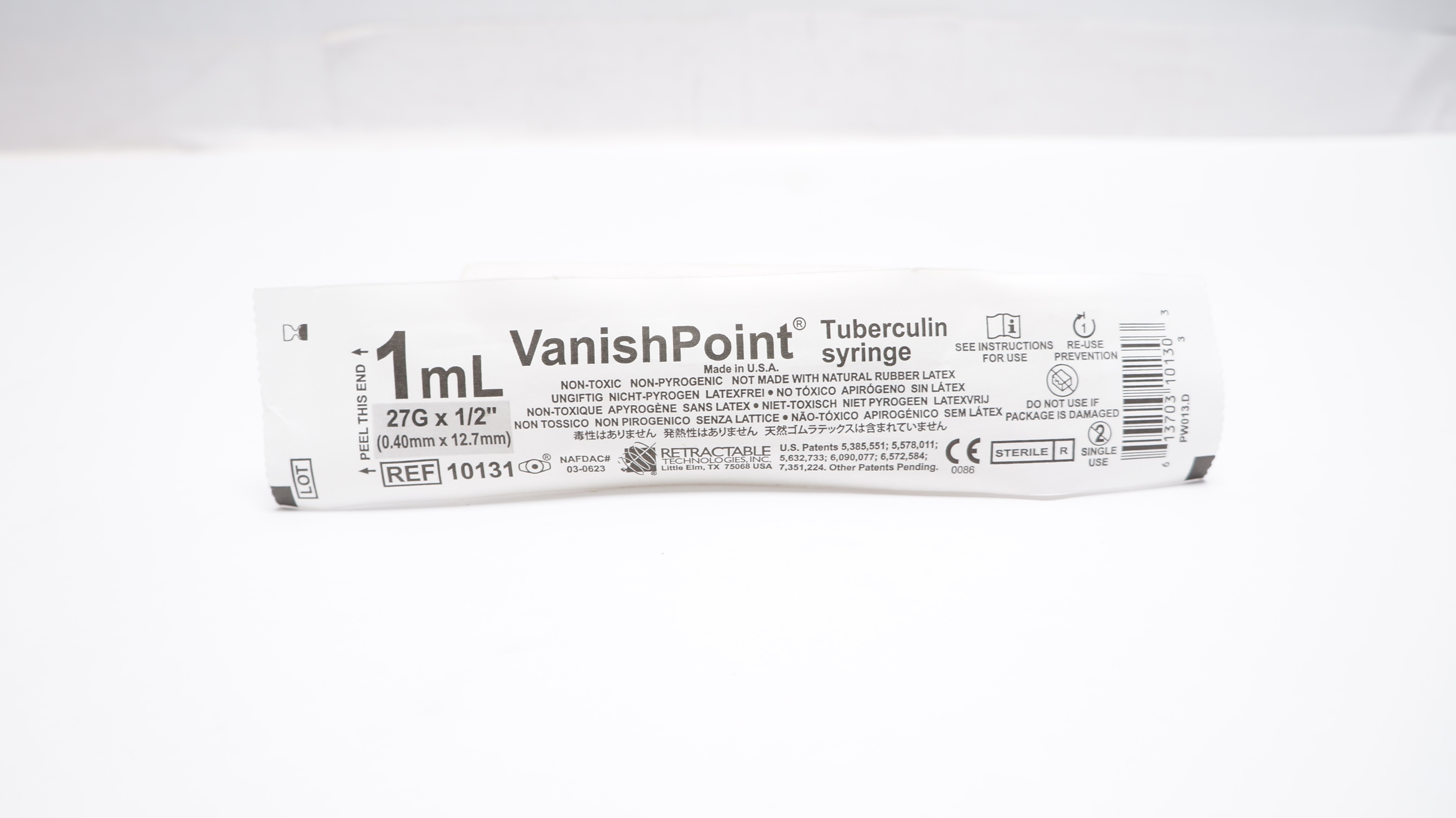 Retractable Technologies 10131 Vanishpoint Tuberculin Syringe 1ml27g X