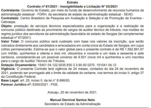 Cebraspe Definido Como Banca Do Concurso Sefaz Se