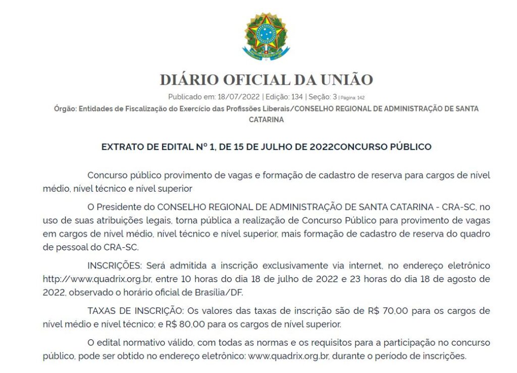 Concurso Cra Sc Extrato De Edital Publicado Veja