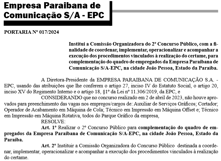 Concurso Epc Pb Comissão Formada Para Novo Edital