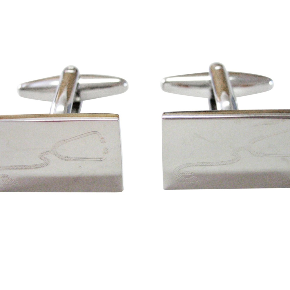 Silver Toned Etched Medical Stethoscope Cufflinks Gem