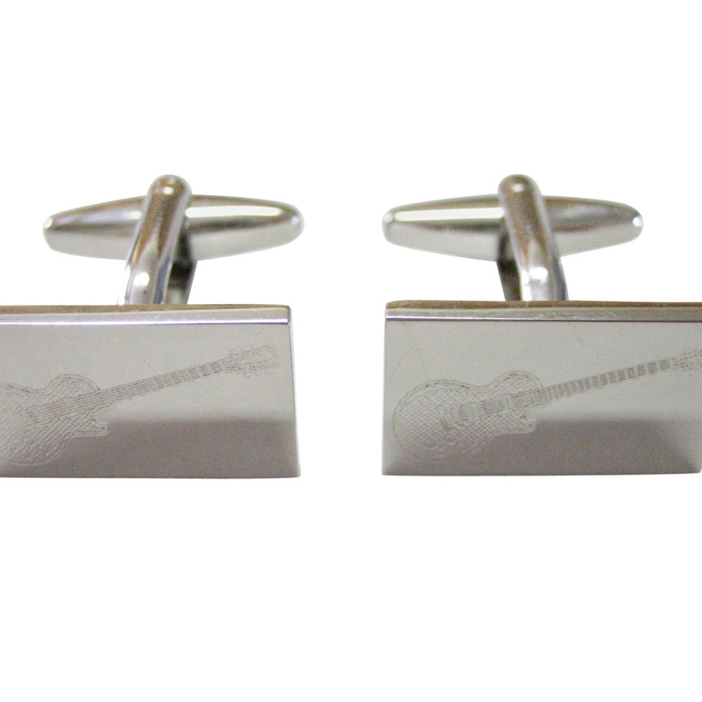 Silver Toned Etched Musical Guitar Cufflinks Gem