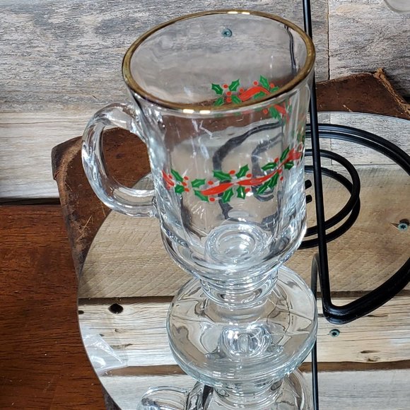 Libbey Dining Libbey Irish Coffee Mugs Green Red Holly Red Ribbon