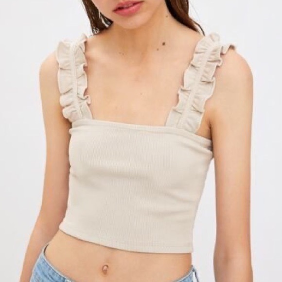 Zara Tops Zara Tan Ribbed Ruffle Strap Stretchy Crop Top S Poshmark