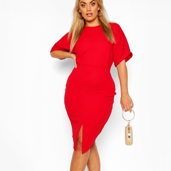 Boohoo Dresses Boohoo Red Wiggle Midi Dress Split Front Blouson Top