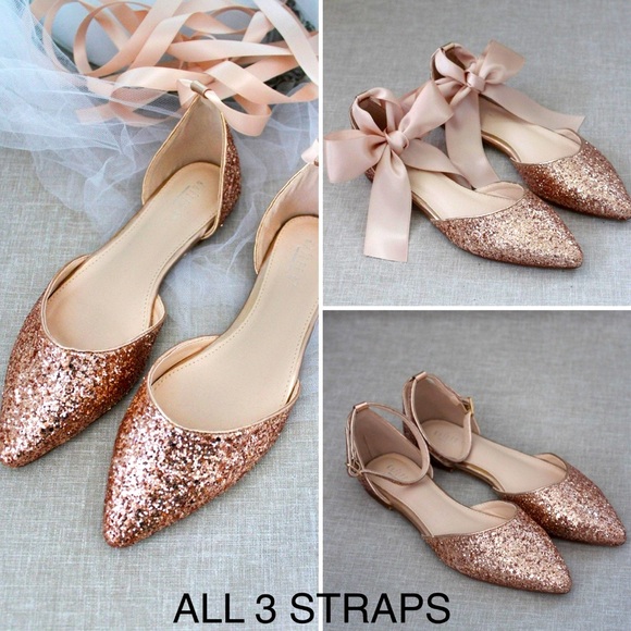 Shoes Rose Gold Rock Glitter Pointy Toe Flats W3 Straps Size 8 Nwot