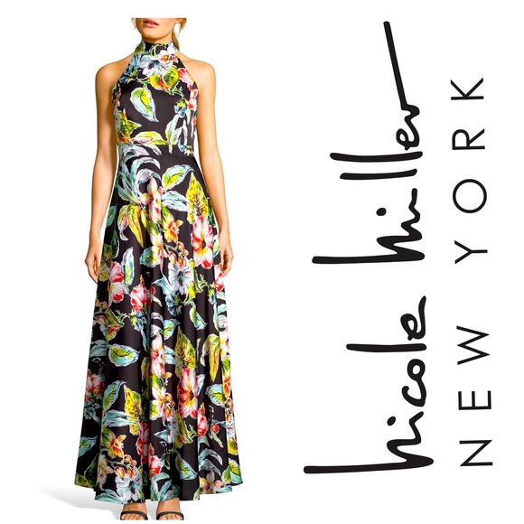 Nicole Miller Dresses Nicole Miller Black Floral Print Halter Maxi