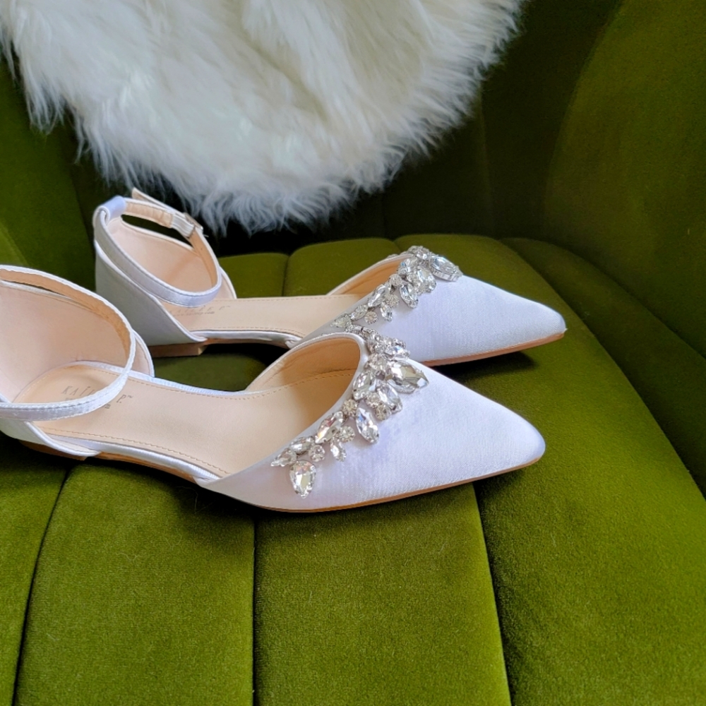 Kailee P White Satin Pointy Toe Flats With Teardrop R Gem