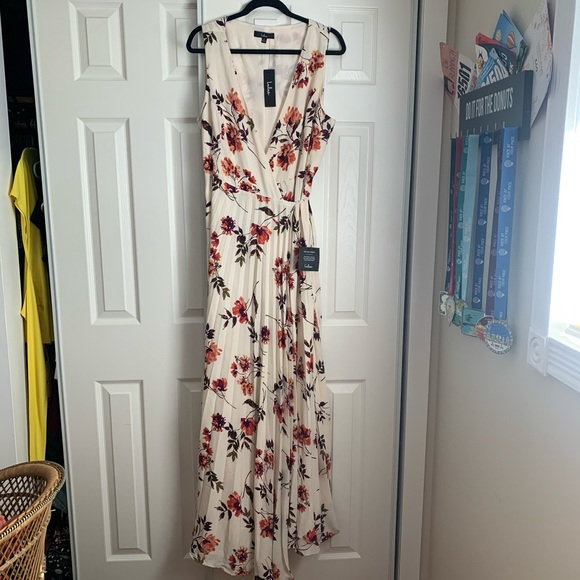 Lulus Dresses Lindsie Ivory Multi Floral Print Pleated Wrap Maxi