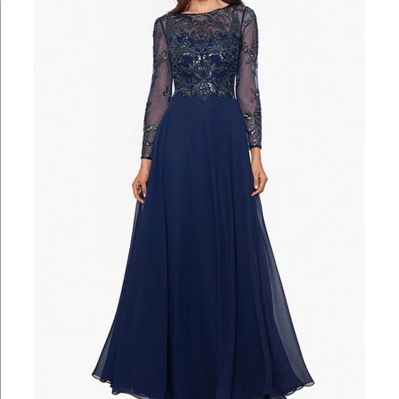 Xscape Dresses Xscape Long Sleeve Floral Beaded Bodice Chiffon Gown